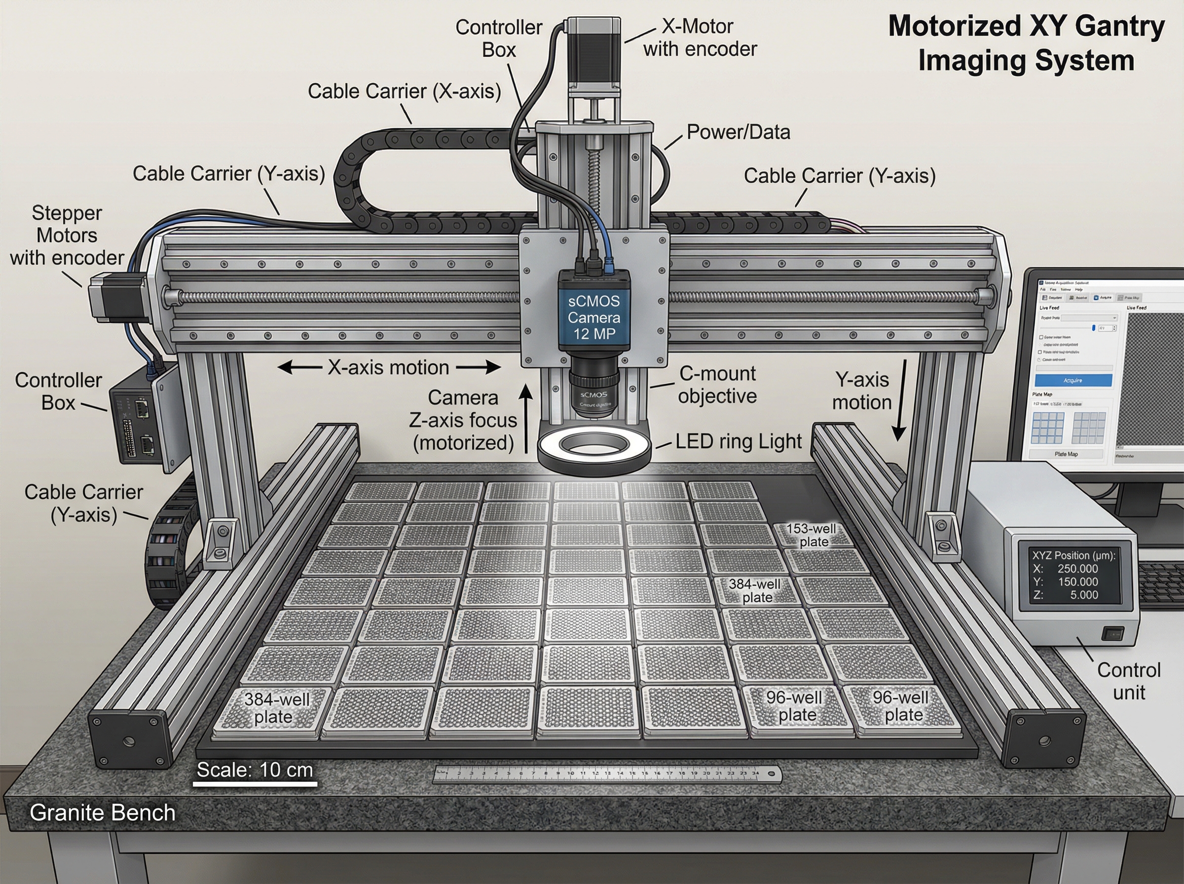 A motorized XY gantry system equipped with a downward-fac... | SciDraw ...